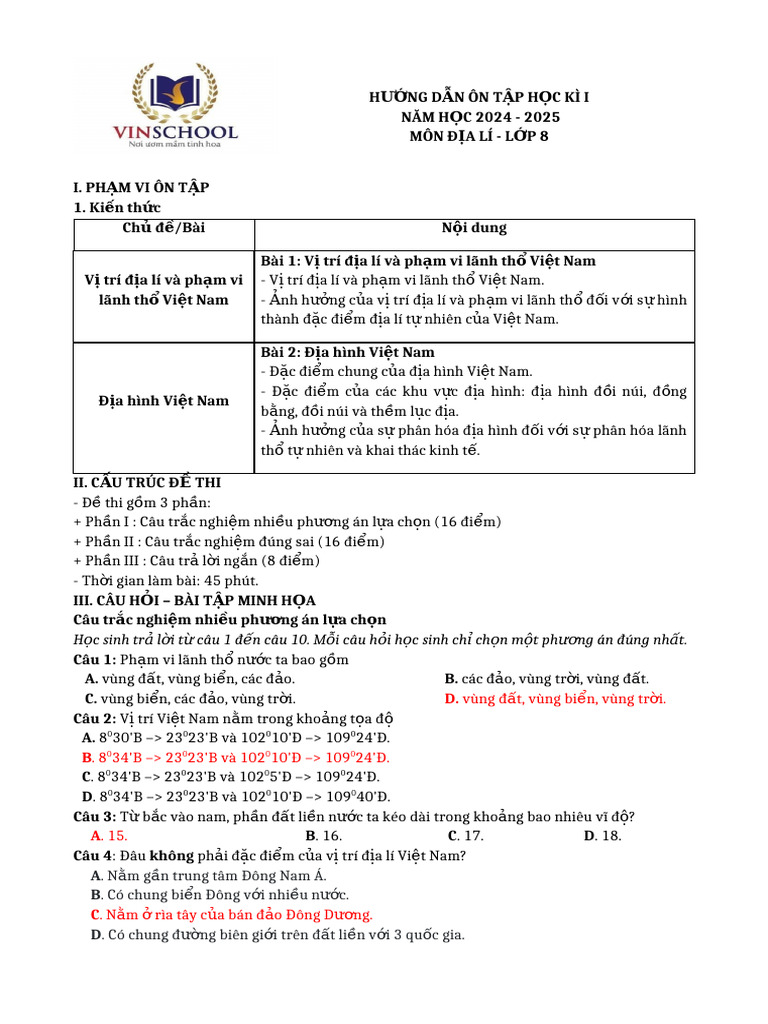 Địa lí 8_Hướng dẫn ôn tập_GKI | PDF