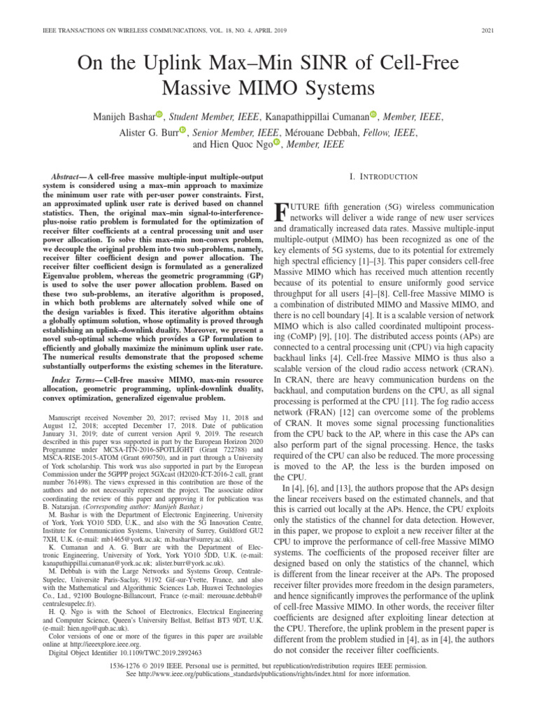 New The Uplink Max-Min SINR of Cell-Free Massive MIMO Systems | PDF | Mimo | Mathematical ...