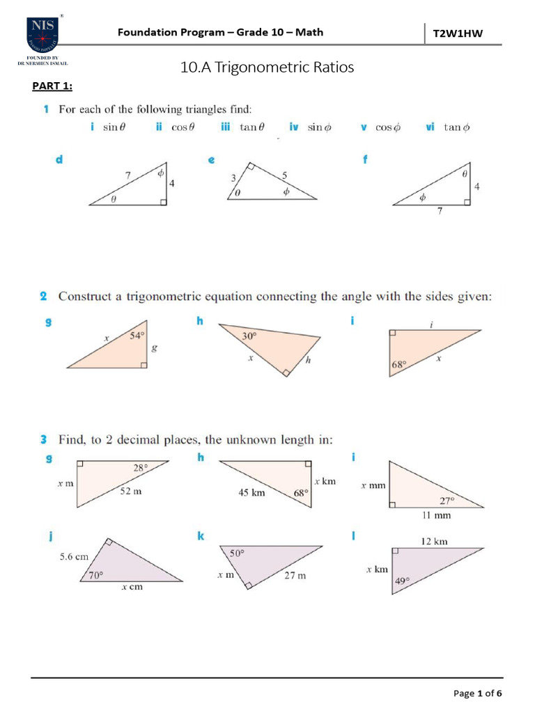 10.A Trigonometric Ratios: Foundation Program Grade 10 Math T2W1HW | PDF