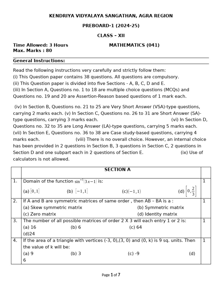 XII Maths Preboard-1 QP SET-2 | PDF | Matrix (Mathematics) | Mathematical Objects