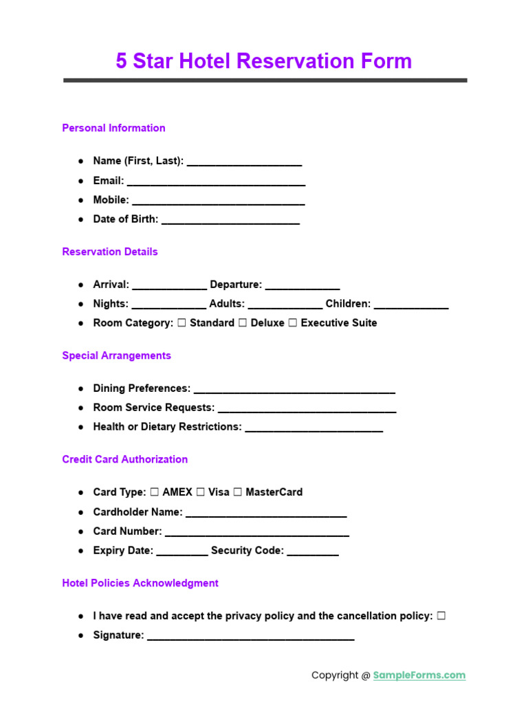 5 Star Hotel Reservation Form | PDF