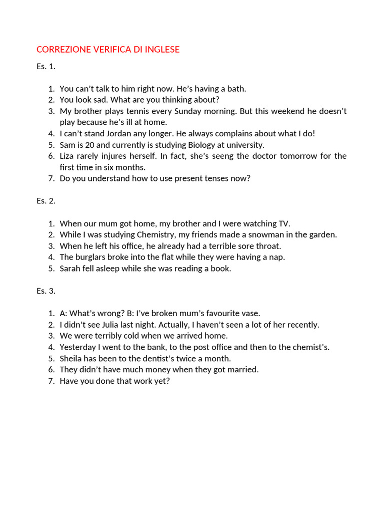 CORREZIONE VERIFICA DI INGLESE | PDF