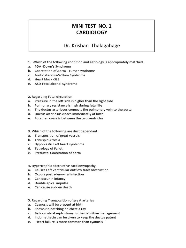 Cardiology Mini Test on Congenital Conditions | PDF