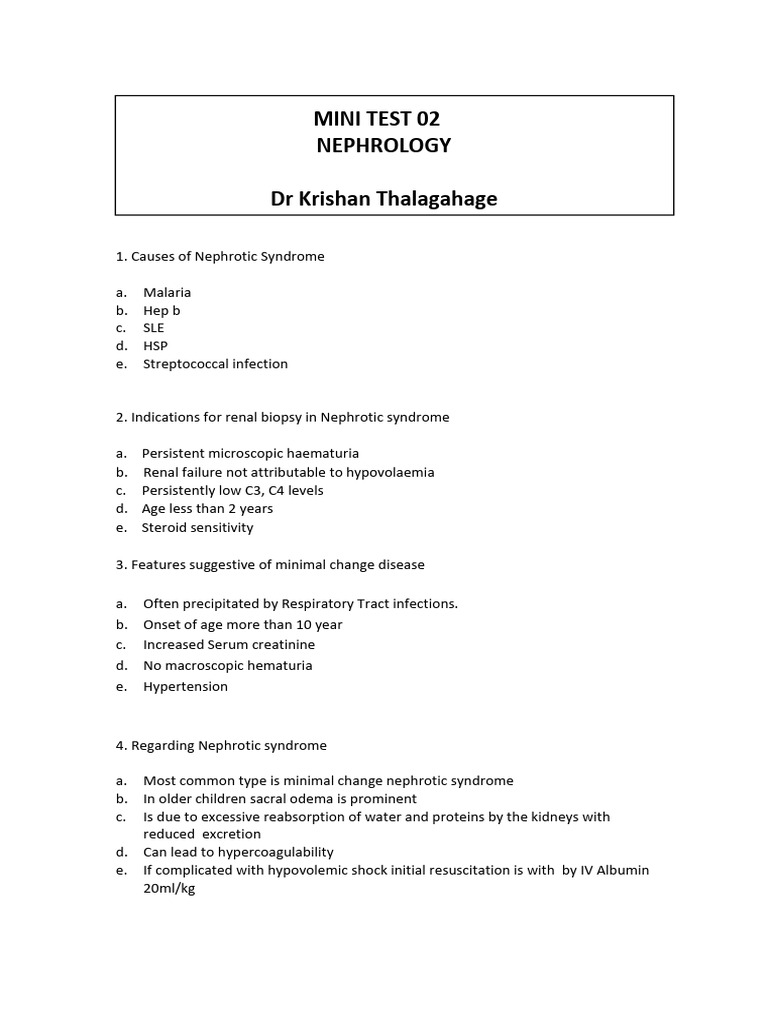 MINI TEST 2 | PDF | Diseases And Disorders | Nephrology