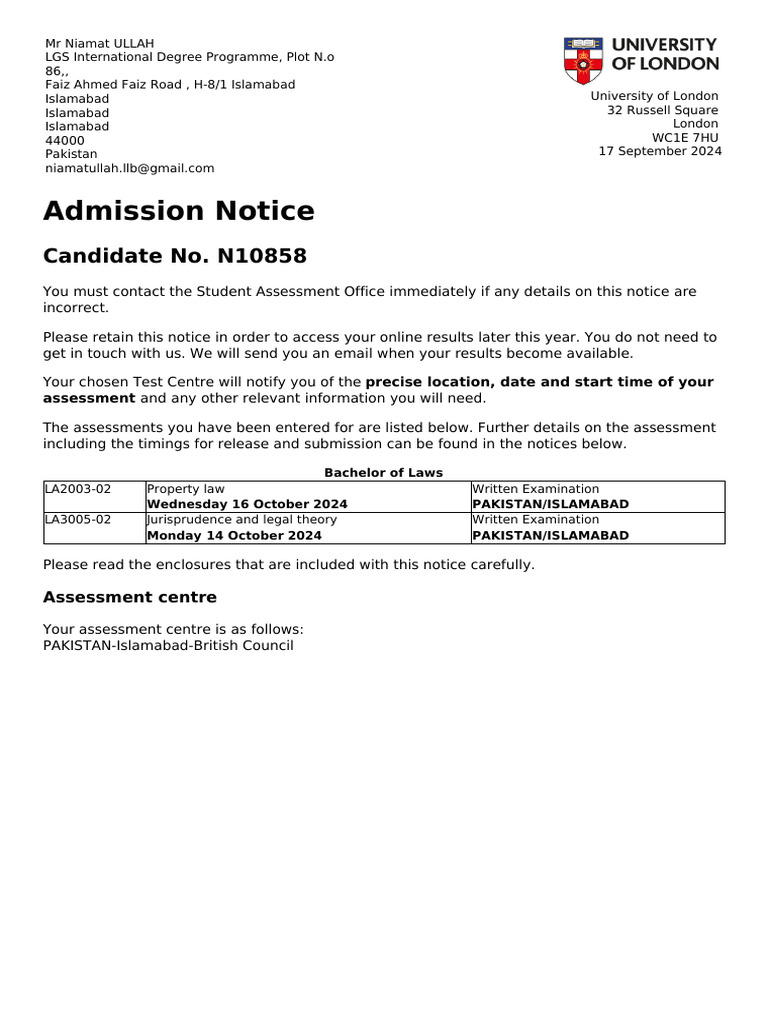 Admissions Notice 110308856 | PDF