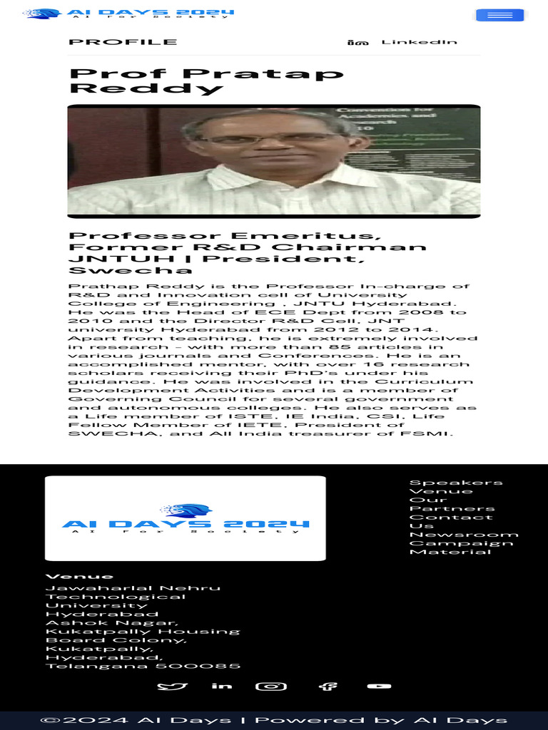 Profile - Prof Pratap Reddy AI Days 2024 | PDF