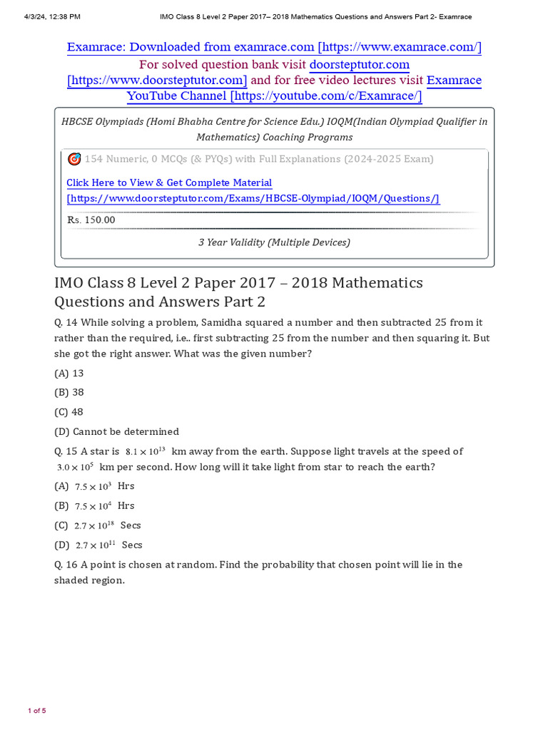 IMO Class 8 Level 2 Paper 2017 2018 Part 2 | PDF | Mathematics