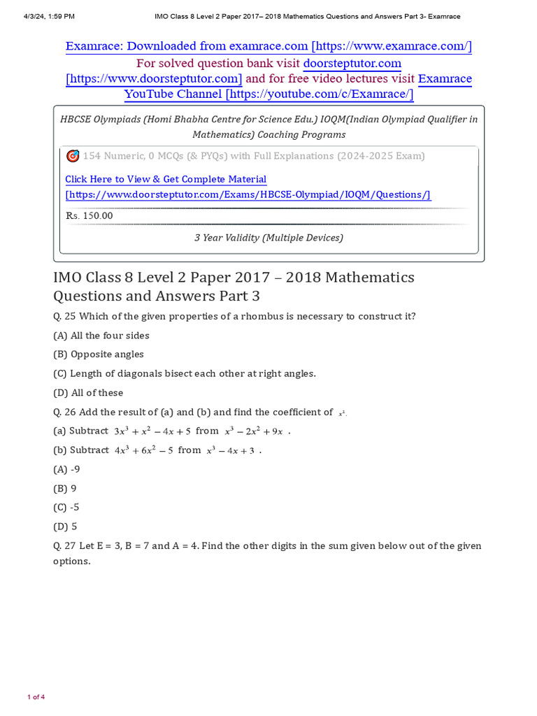 IMO Class 8 Level 2 Paper 2017 2018 Part 3 | PDF | Area | Surface Area