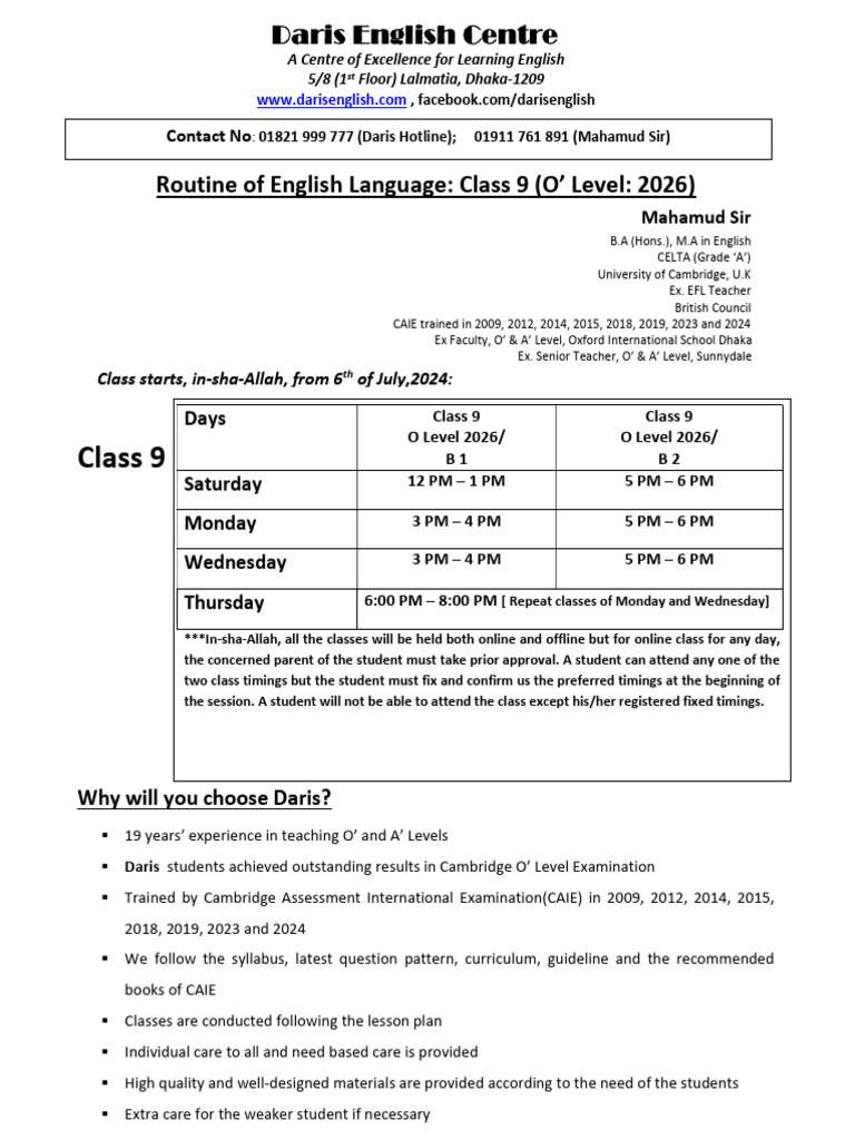 Class 9 O' Level 2026 Routine & Fees | PDF