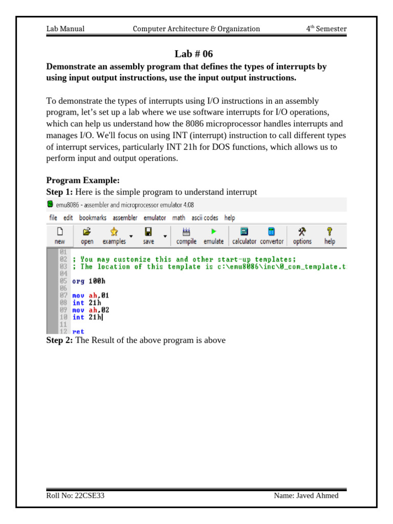 Assembly Program for Interrupts in 8086 | PDF