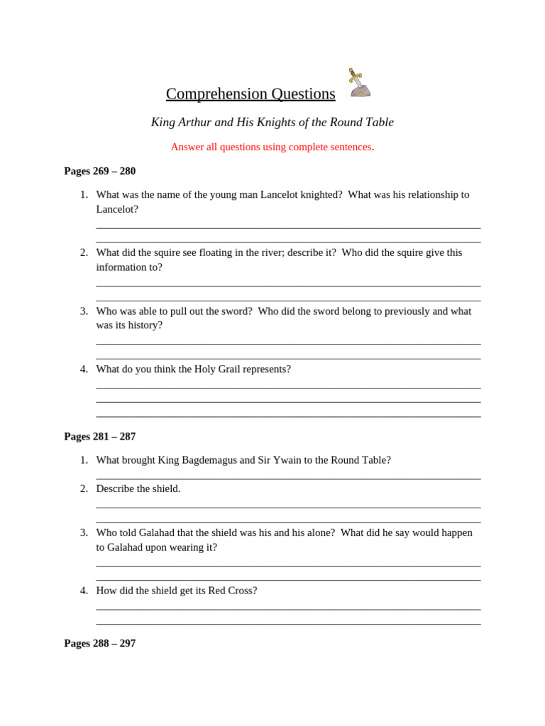 O.C. King Arthur Comprehension Questions - Student Version | PDF ...