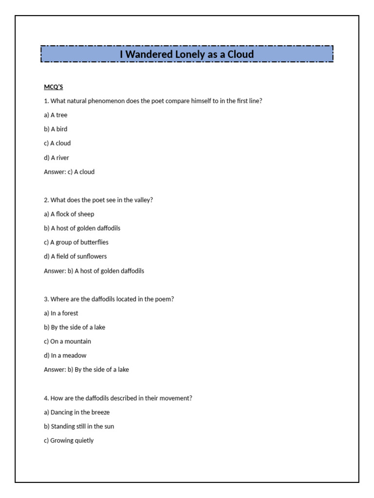 Questions I Wandered Lonely As A Cloud | PDF | Poetry | Poetics
