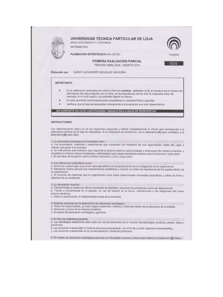 V5 - 1BIM - PlaneacionEstrategica - 2016 - Con Resp | PDF