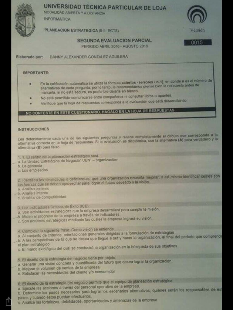 V15 - 2BIM - Planeación Estratégica - 2016 - Con Resp | PDF