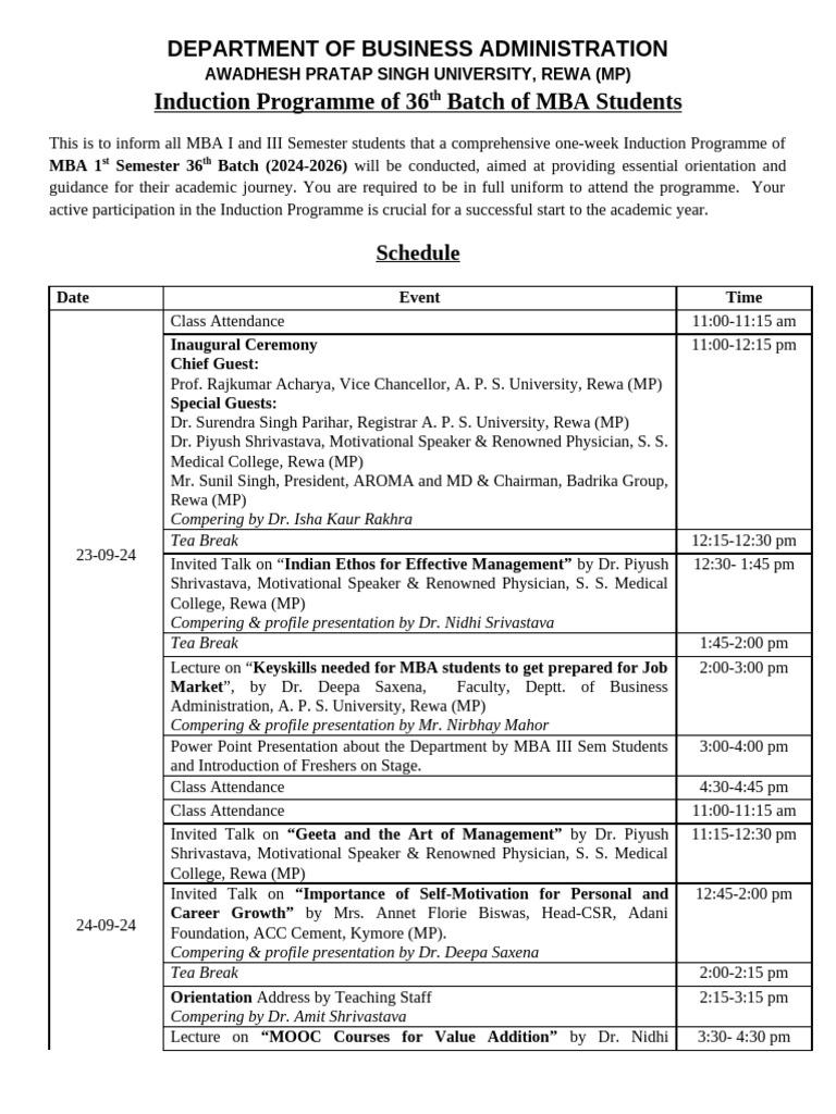 MBA Induction Program Schedule 2024 | PDF | Academia