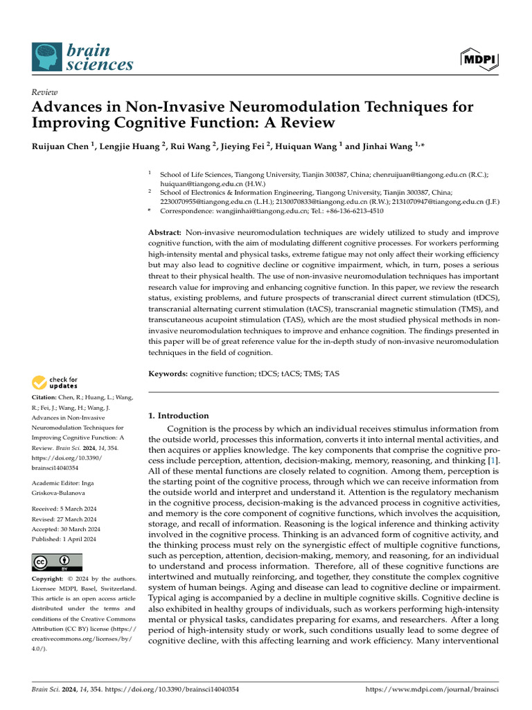 Advances in Non-Invasive Neuromodulation Techniques For Improving Cognitive Function - A Review ...
