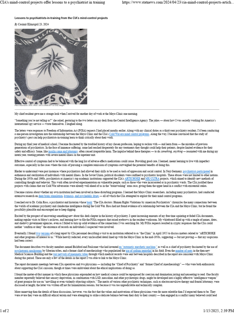 CIA's Mind-Control Projects Offer Lessons To A Psychiatrist in Training ...
