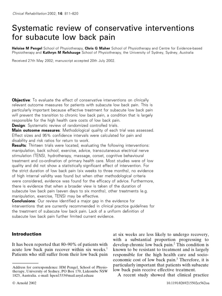 Conservative Interventionsfor Subacute Low Back Pain | PDF | Low Back ...
