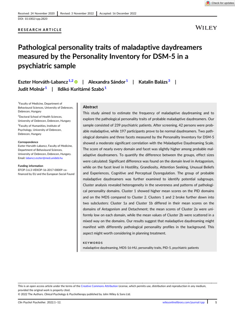 Clin Psychology and Psychoth - 2022 - Horv TH Labancz - Pathological ...