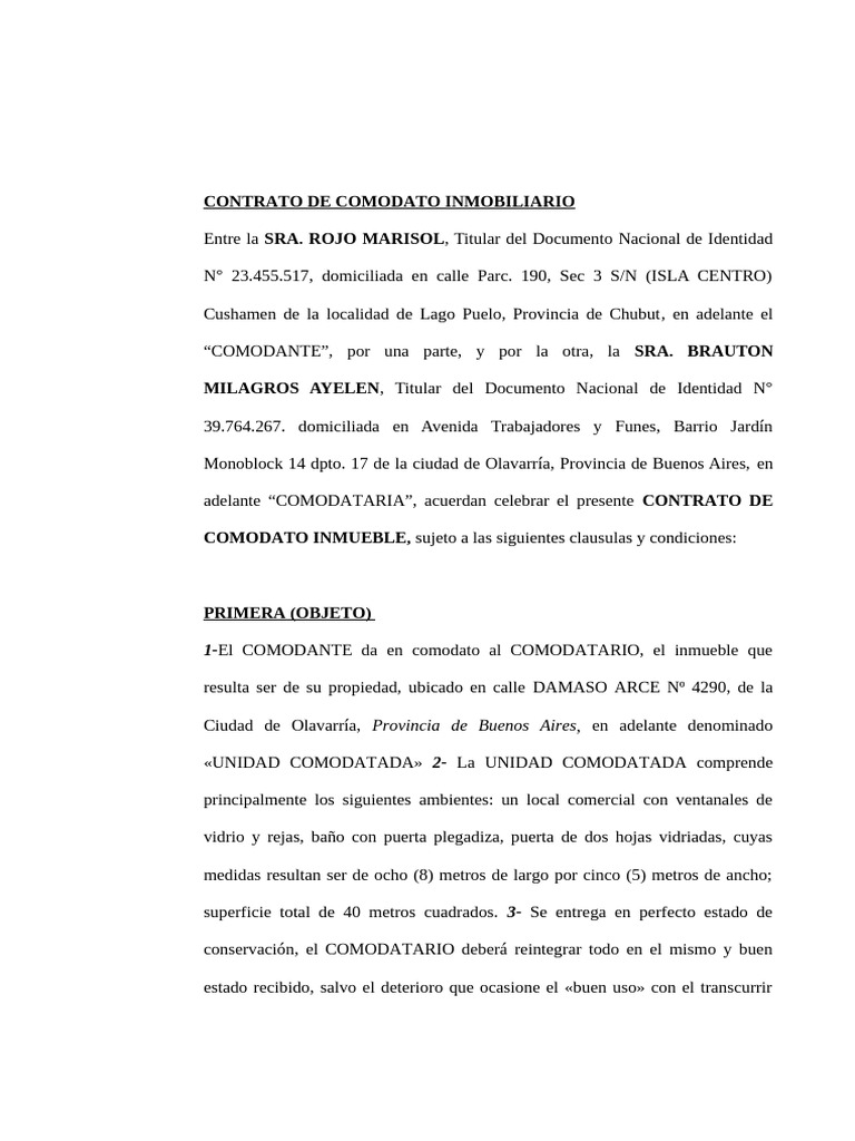 Contrato de Comodato Inmobiliario - Pereyra - Celis | PDF