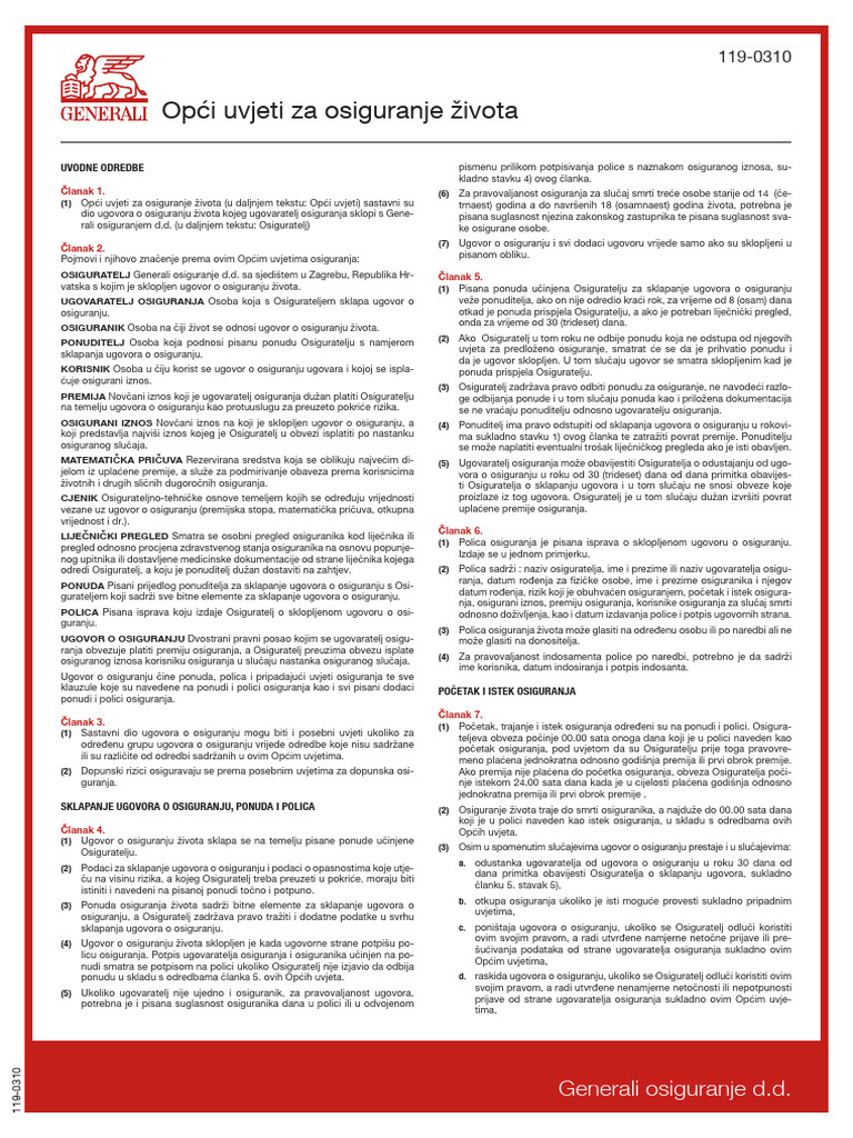 119-0310 Opci Uvjeti Za Osiguranje Zivota | PDF