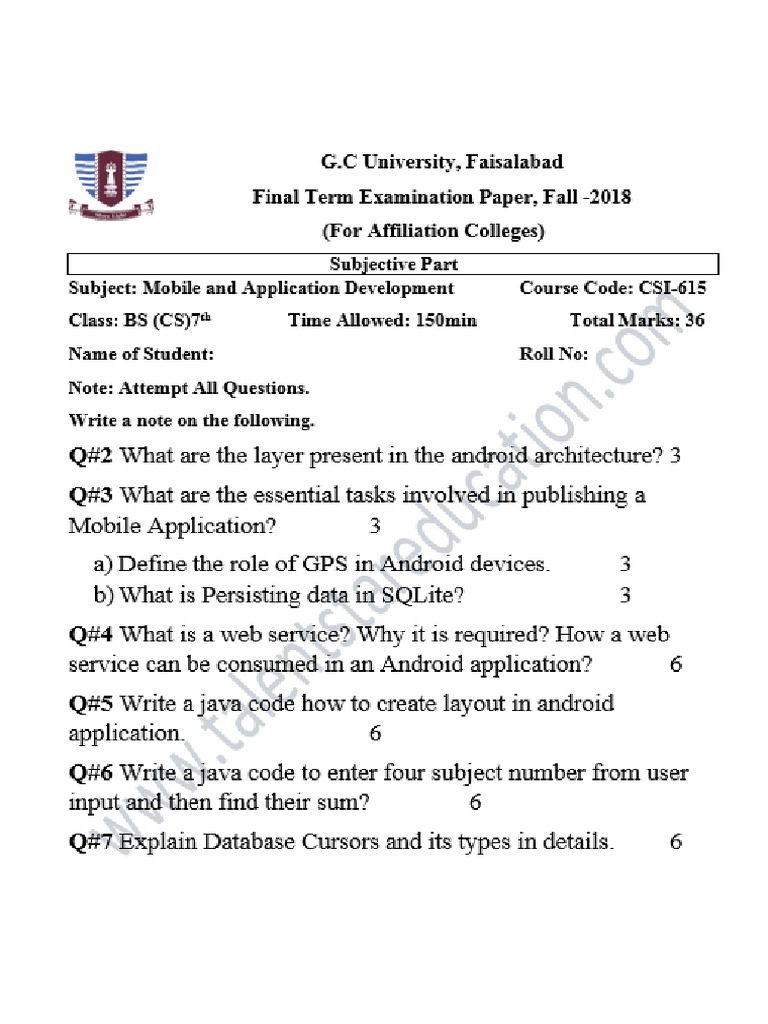 GCUF BSCS 7th Semester Past Papers-1 | PDF