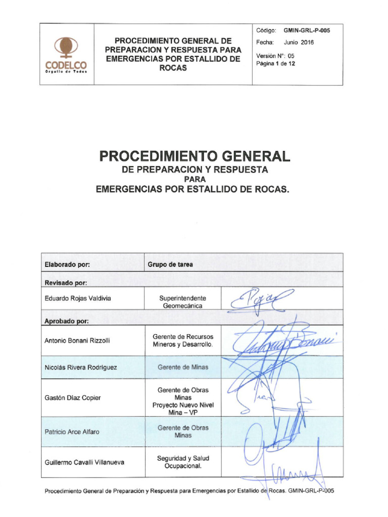 Proced. Gral. Prep. y Resp. Emergencias Estallido de Rocas Junio 2016 | PDF