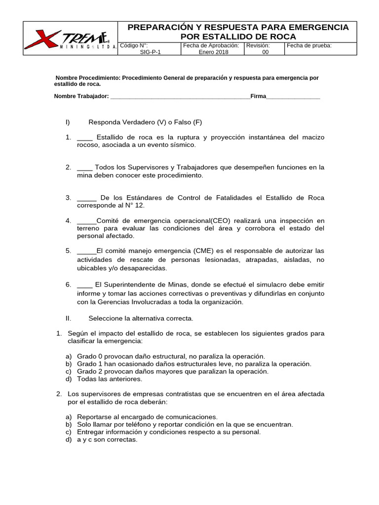 Emergencia por Estallido de Roca: Protocolo | PDF