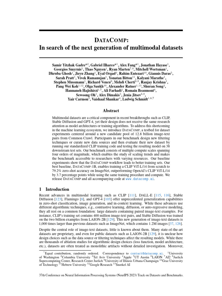 Gadre Et Al. - 2023 - DataComp in Search of the Next Generation of Multimodal Datasets | PDF ...