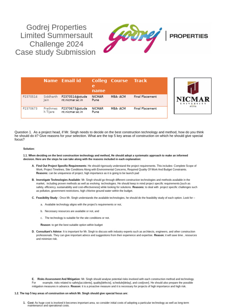 NICMAR Placement Report: Godrej Project Insights | PDF | Recycling ...
