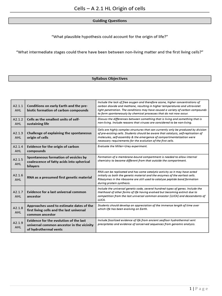 A 2.1 HL Origin of Cells - Student Notes | PDF | Abiogenesis | Cell ...