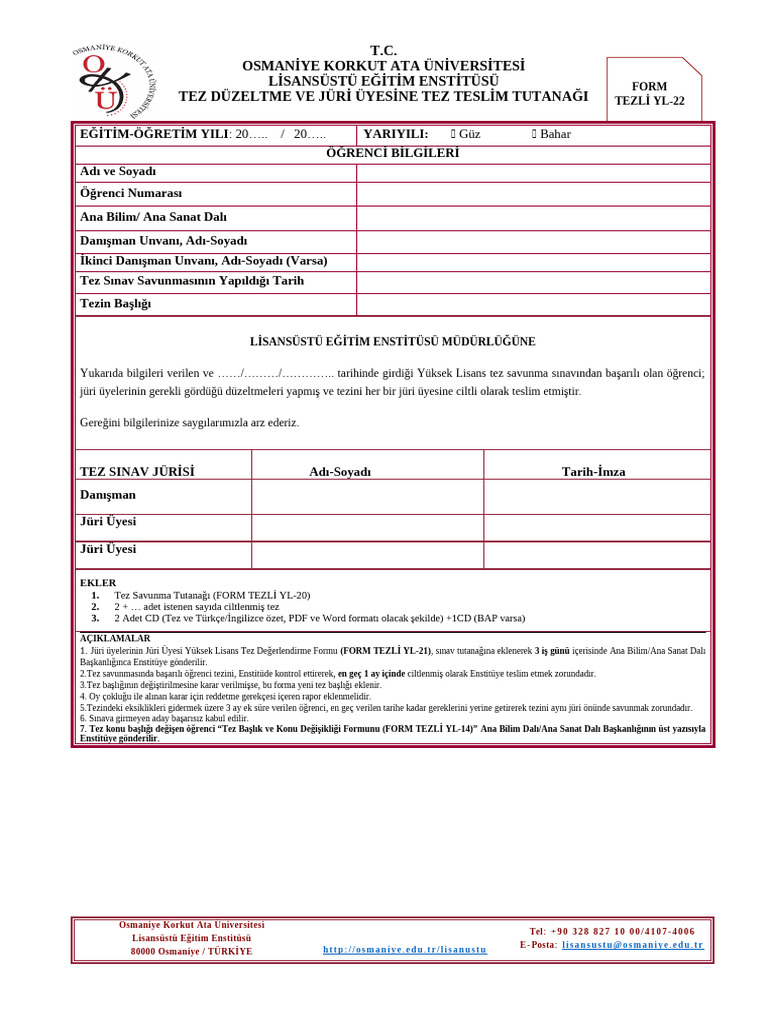 FORM TEZLİ YL-22 Tez Düzeltme ve Jüri Üyesine Tez Teslim Tutanağı | PDF