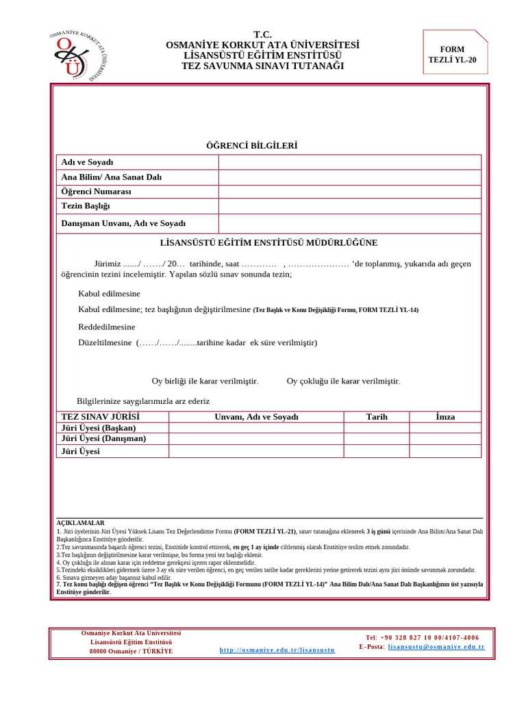 FORM TEZLİ YL-20 Tez Savunma Sınav Tutanağı | PDF