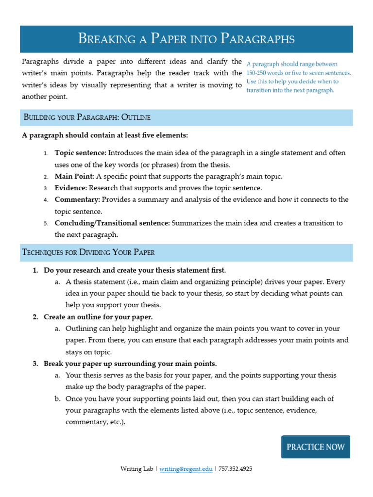 Regent Writing Lab Paragraphs a Guide to Breaking Up Your Paper | PDF