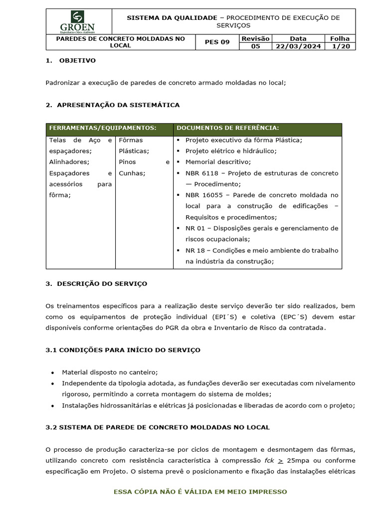 Execução de Paredes de Concreto Moldadas | PDF | Concreto | Tempo