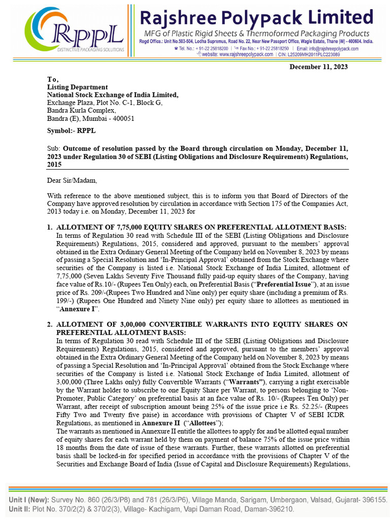 RPPL 11122023161151 RPPLOutcome | PDF | Stocks | Securities (Finance)