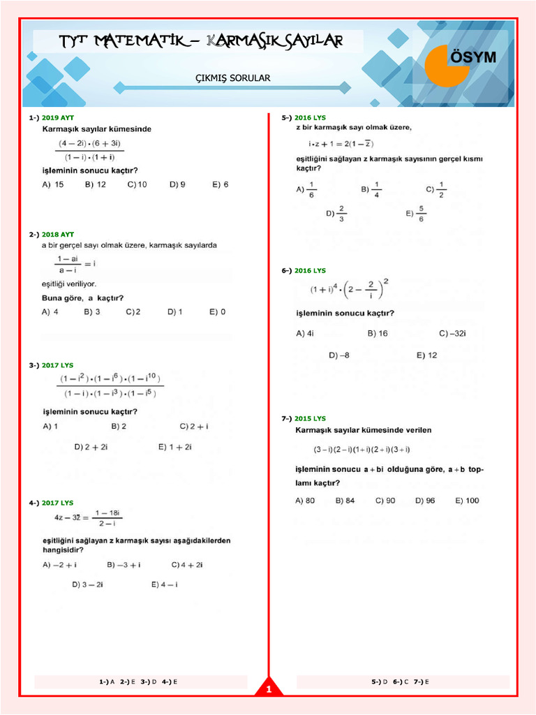 Osym-Matematik-Dersi-Karmasik-Sayilar-Tyt-Cikmis-Sorular-Ve-Cevaplari | PDF