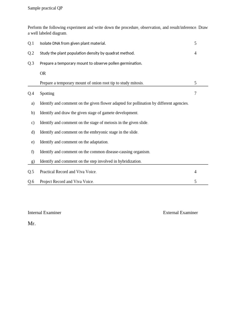 PRACTICAL EXAMINATION Sample QP and Answer Key For Reference | PDF | Pollen | Flowers