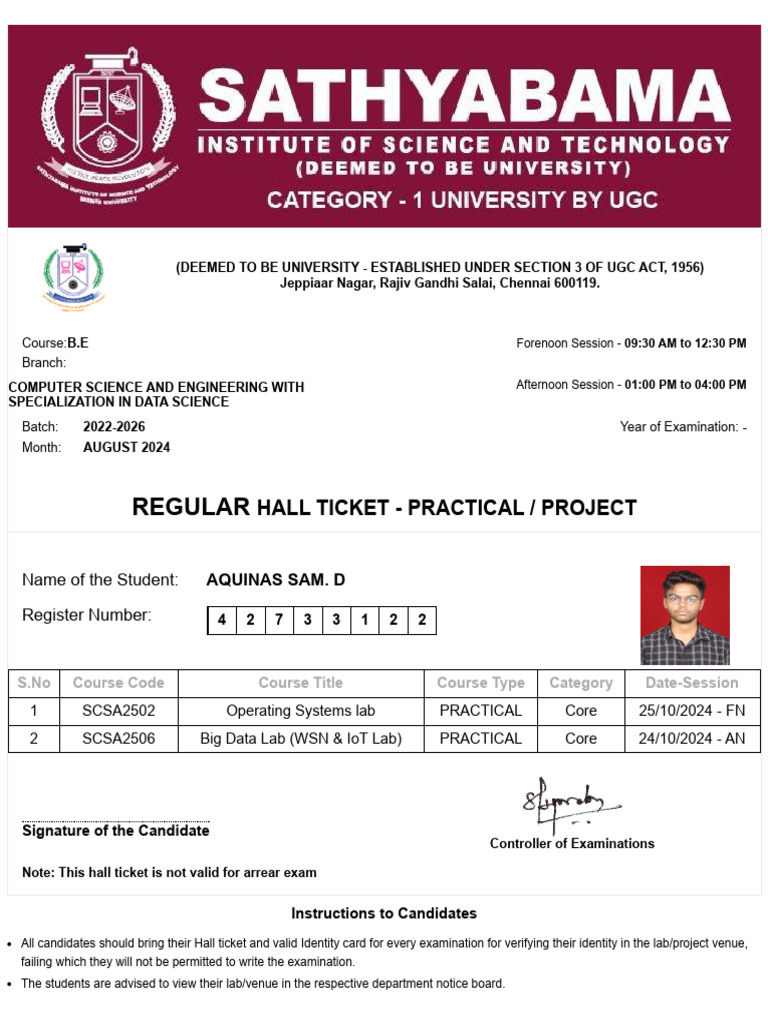 B.E CSE Data Science Practical Hall Ticket | PDF | Computer Science | Computing