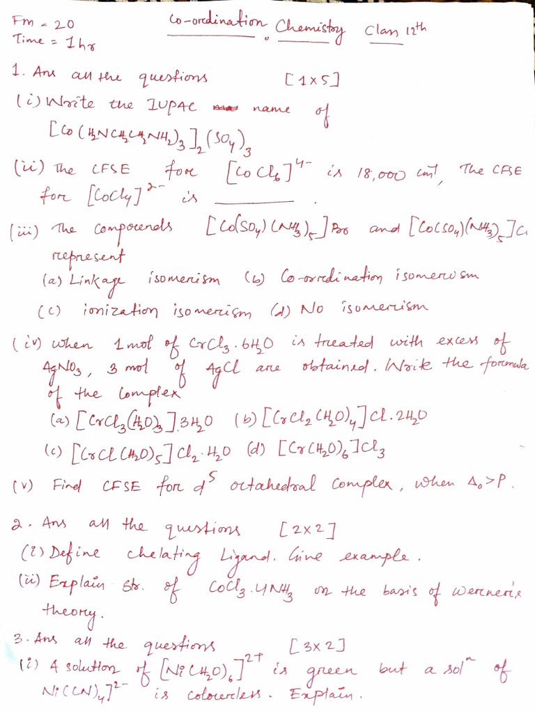 Co Ordination Chemistry Test - 1 | PDF