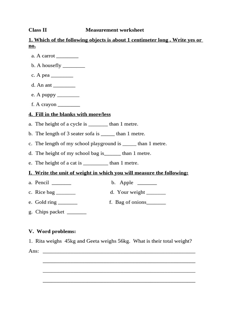 Class II Measurement and Time and Calender Worksheet | PDF | Metrology