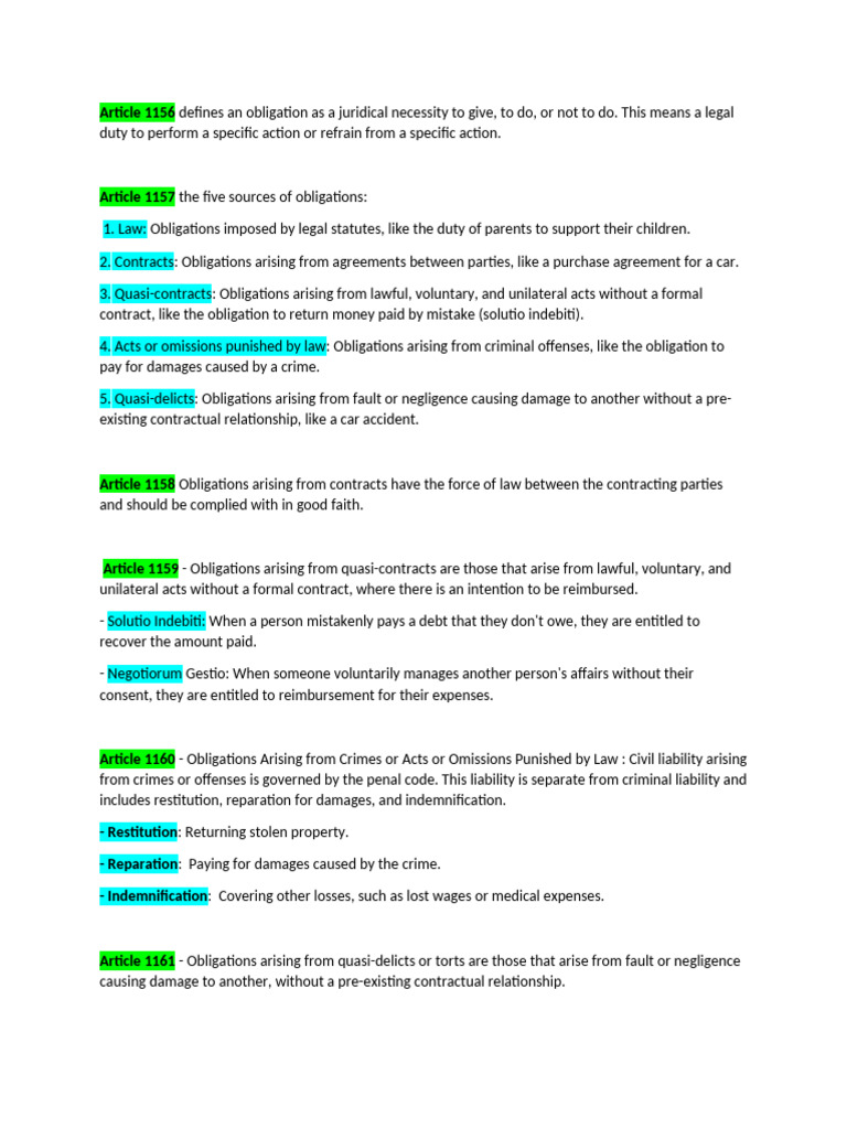 Oblicon Articles Summary 1156 1229 | PDF | Legal Liability | Law Of ...