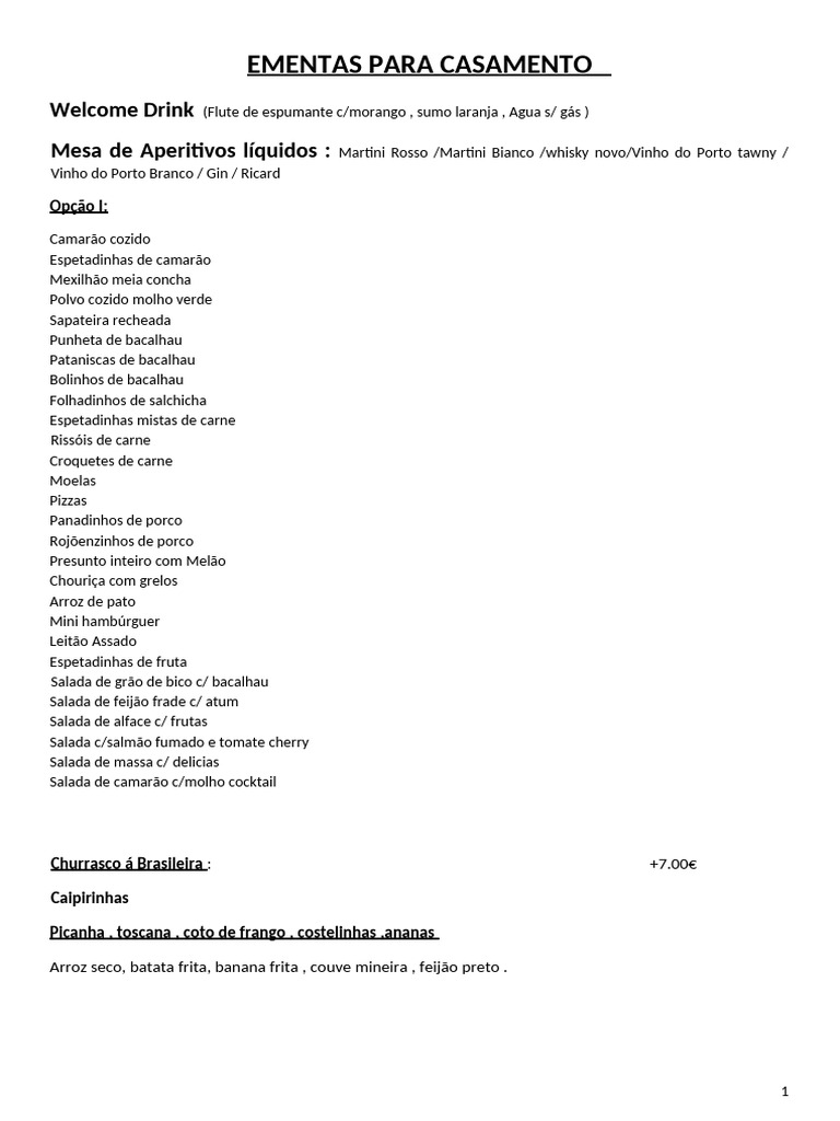 Ementas Para Casamento 2022 | PDF | Alimentos | Culinária