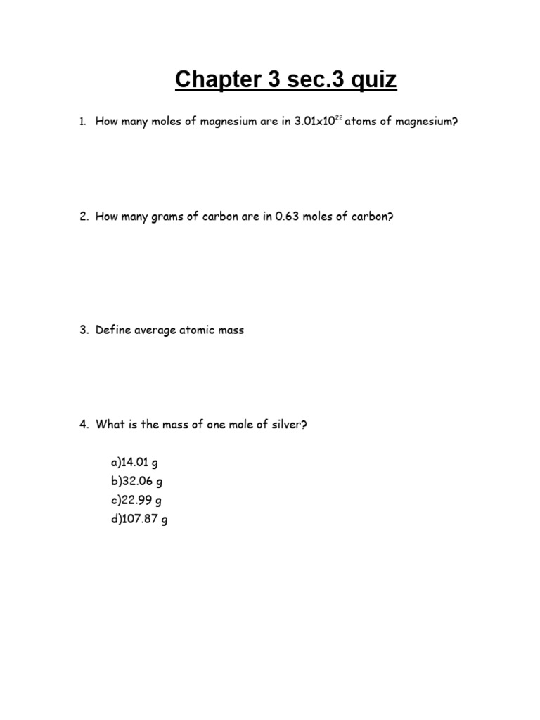 Chemistry Quiz: Moles & Atomic Mass | PDF