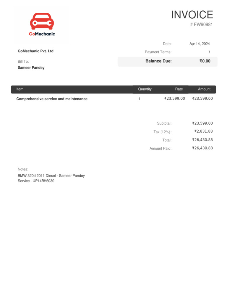 BMW 320d Service Invoice 2024 | PDF
