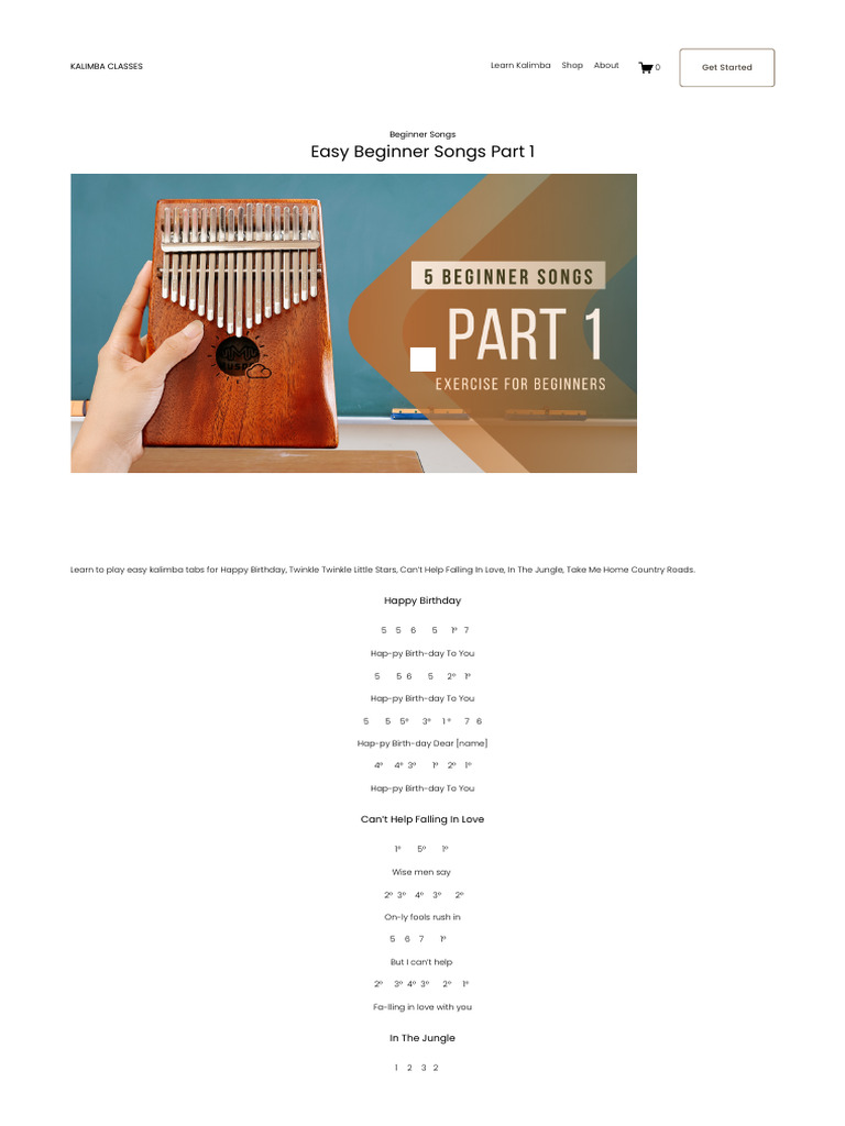 5 Easy Kalimba Beginner Songs Tutorial & Tabs — KALIMBA CLASSES | PDF