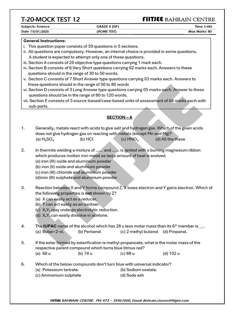 Grade-10 - Mock Test - 12 - Science - Home Test - 11-1-25 | PDF ...