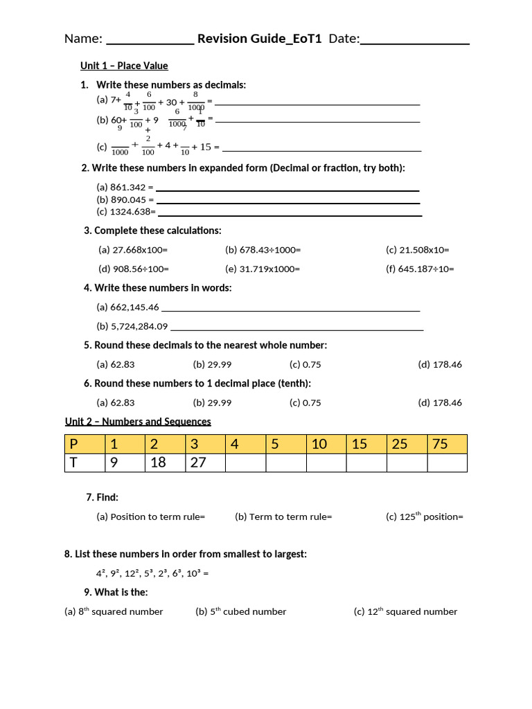 Revision Guide EoY1 Stage 6 | PDF | Decimal | Numbers