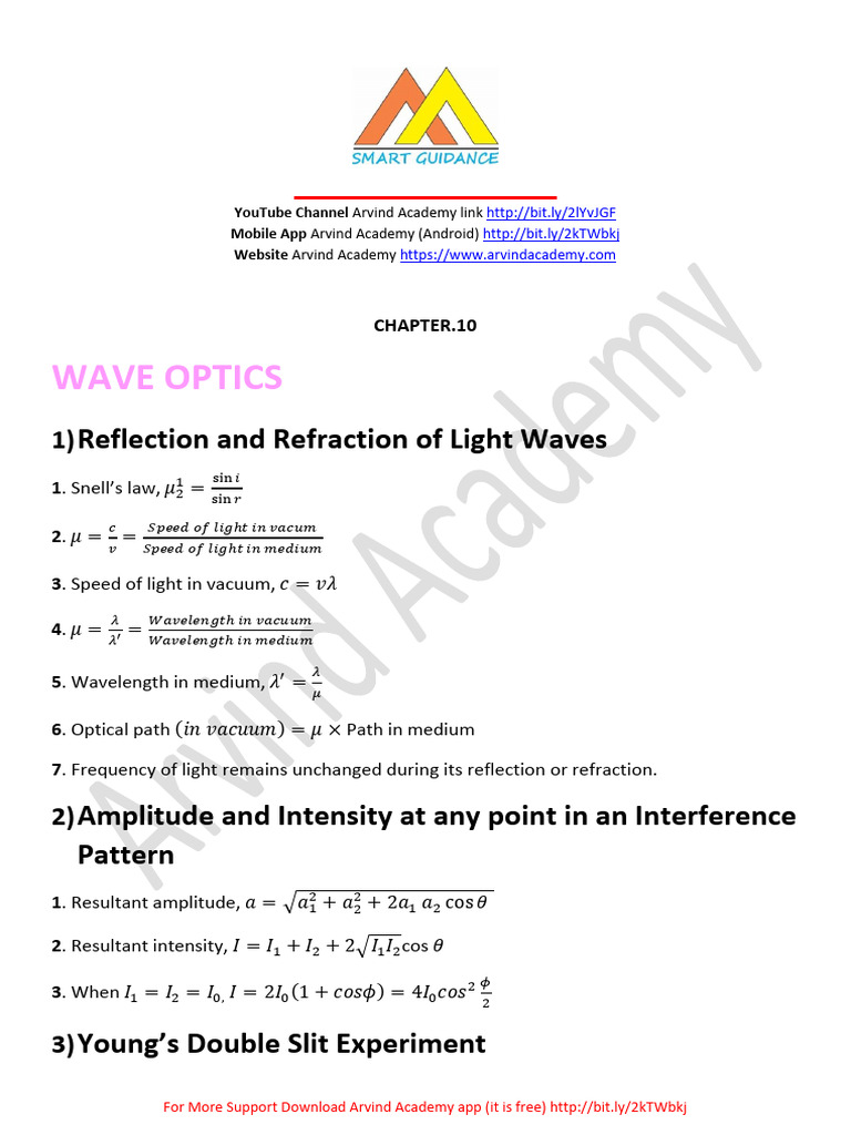 Chap 10 WAVE OPTICS (Formula Sheet) - Yvbs0leaklgglmuhi1rc | PDF | Angular Resolution | Diffraction
