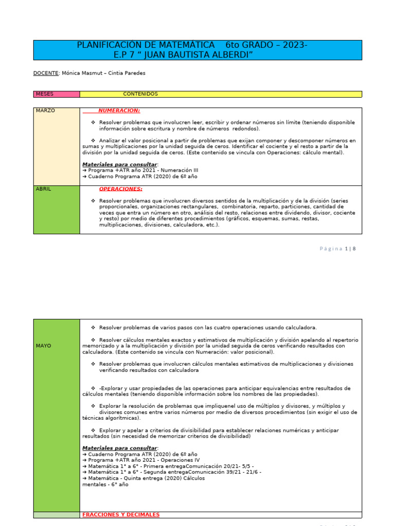 Planificación de Matemática 6to Grado 2024. | PDF | División ...
